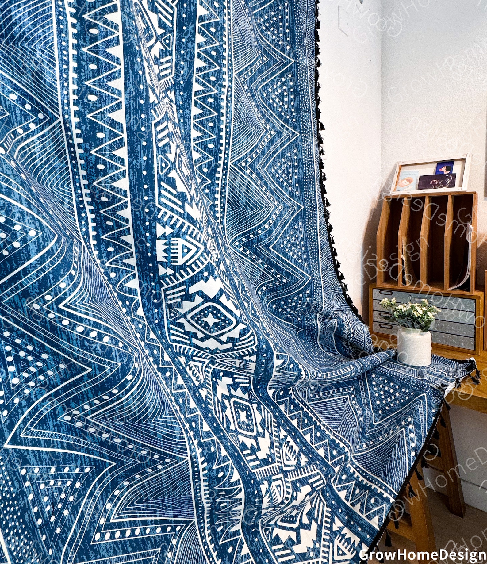 Blue Boho Style Curtains, Cotton Linen Curtains, Boho Decor, Boho ...