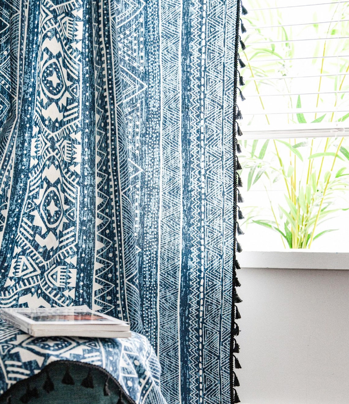 Blue Boho Style Curtains Cotton Linen Curtains Boho Decor - Etsy