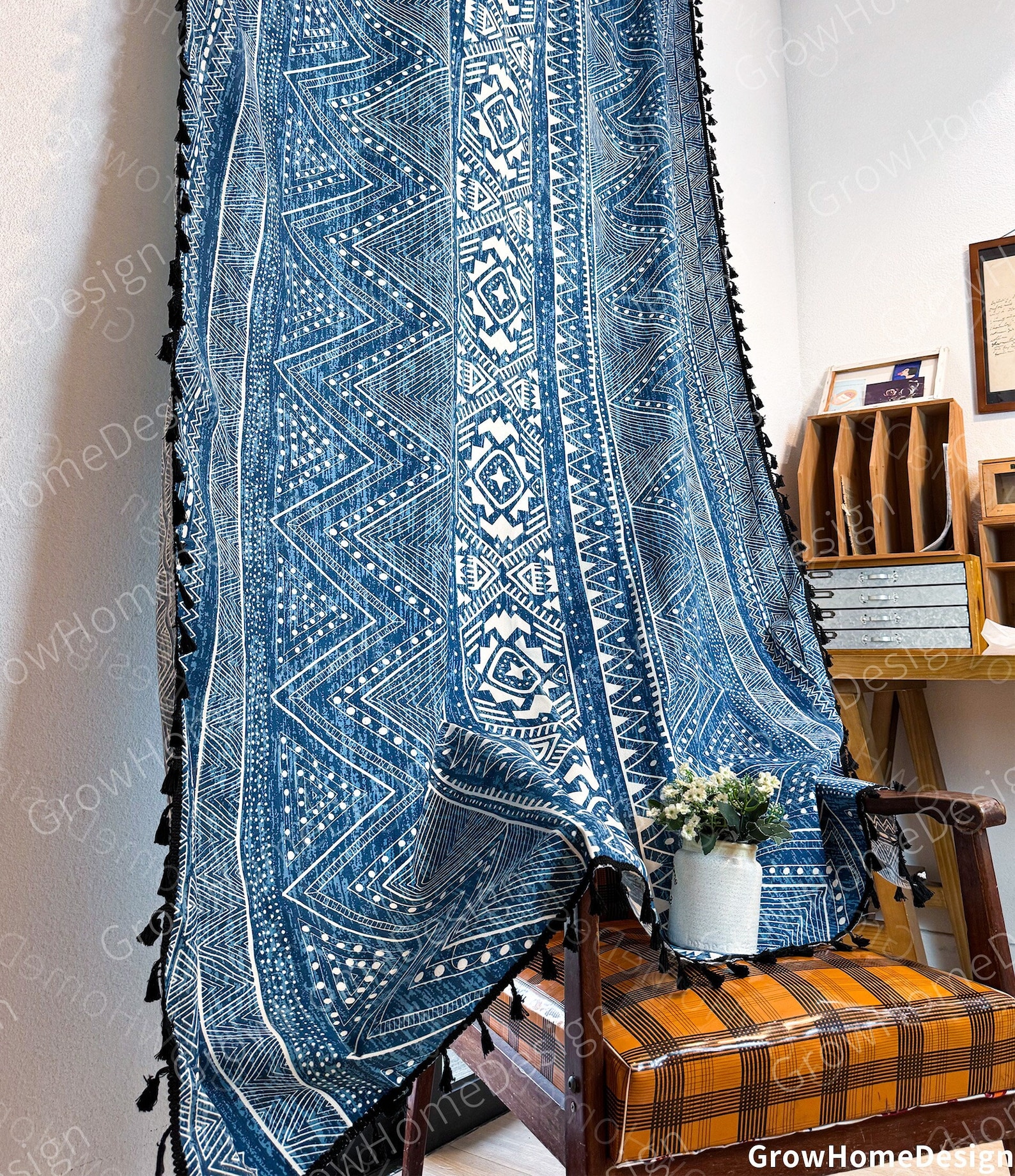 Blue Boho Style Curtains, Cotton Linen Curtains, Boho Decor, Boho ...