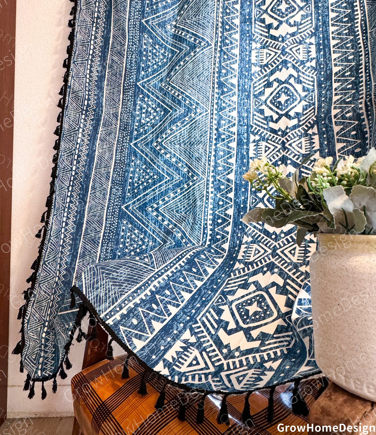 Blue Boho Style Curtains, Cotton Linen Curtains, Boho Decor, Boho ...