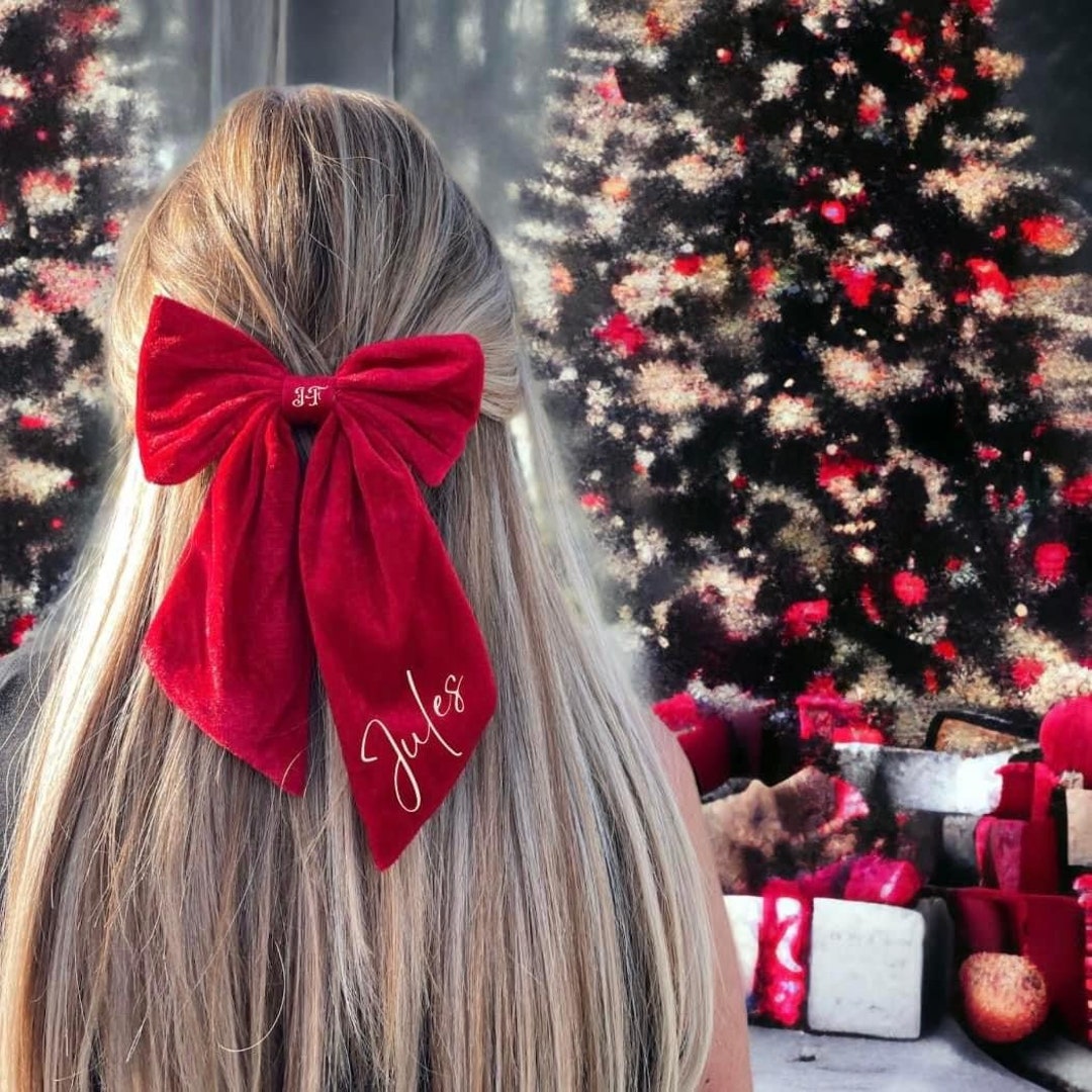 Personalised Red Velvet Christmas Hair Bow - Etsy UK