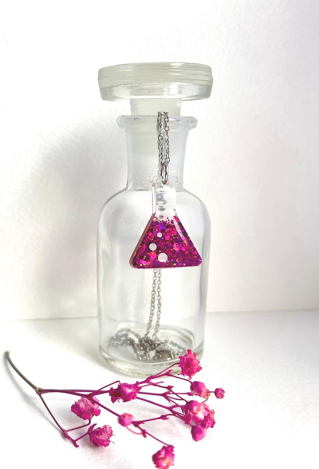 Pink Holographic Glitter Conical Flask Pendant: Stainless Steel Science ...