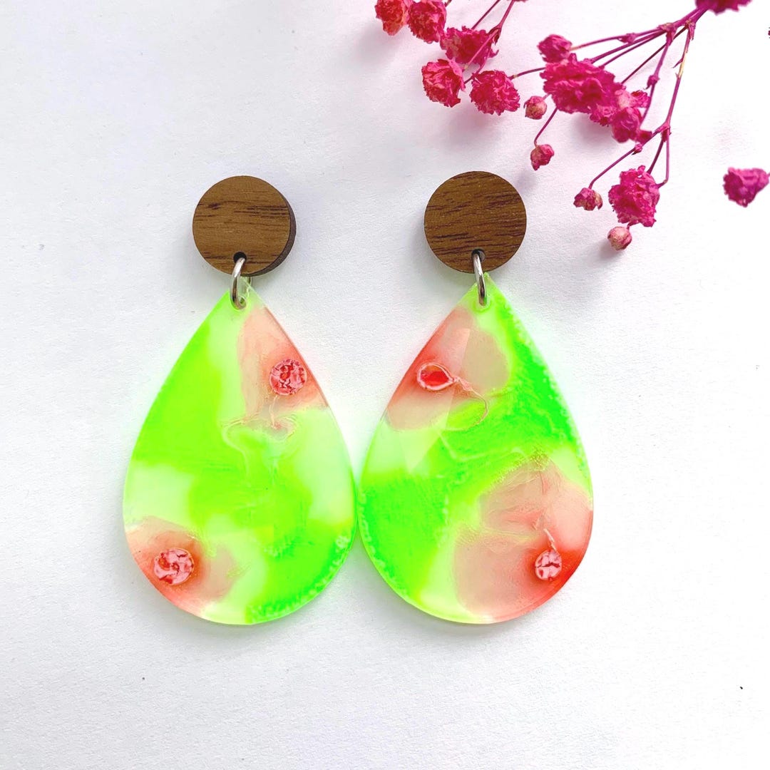 Neon Green Drip Earring, Festive Inspired Resin Dangles, Teardrop ...