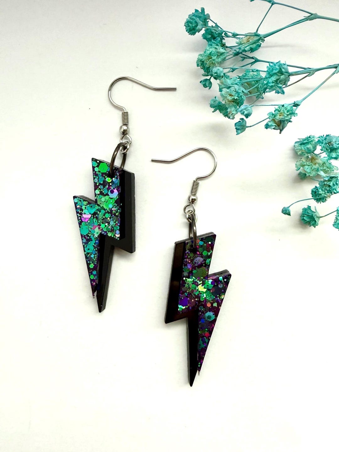 Holographic Peacock Glitter Lightning Bolt Earrings: Hypoallergenic ...