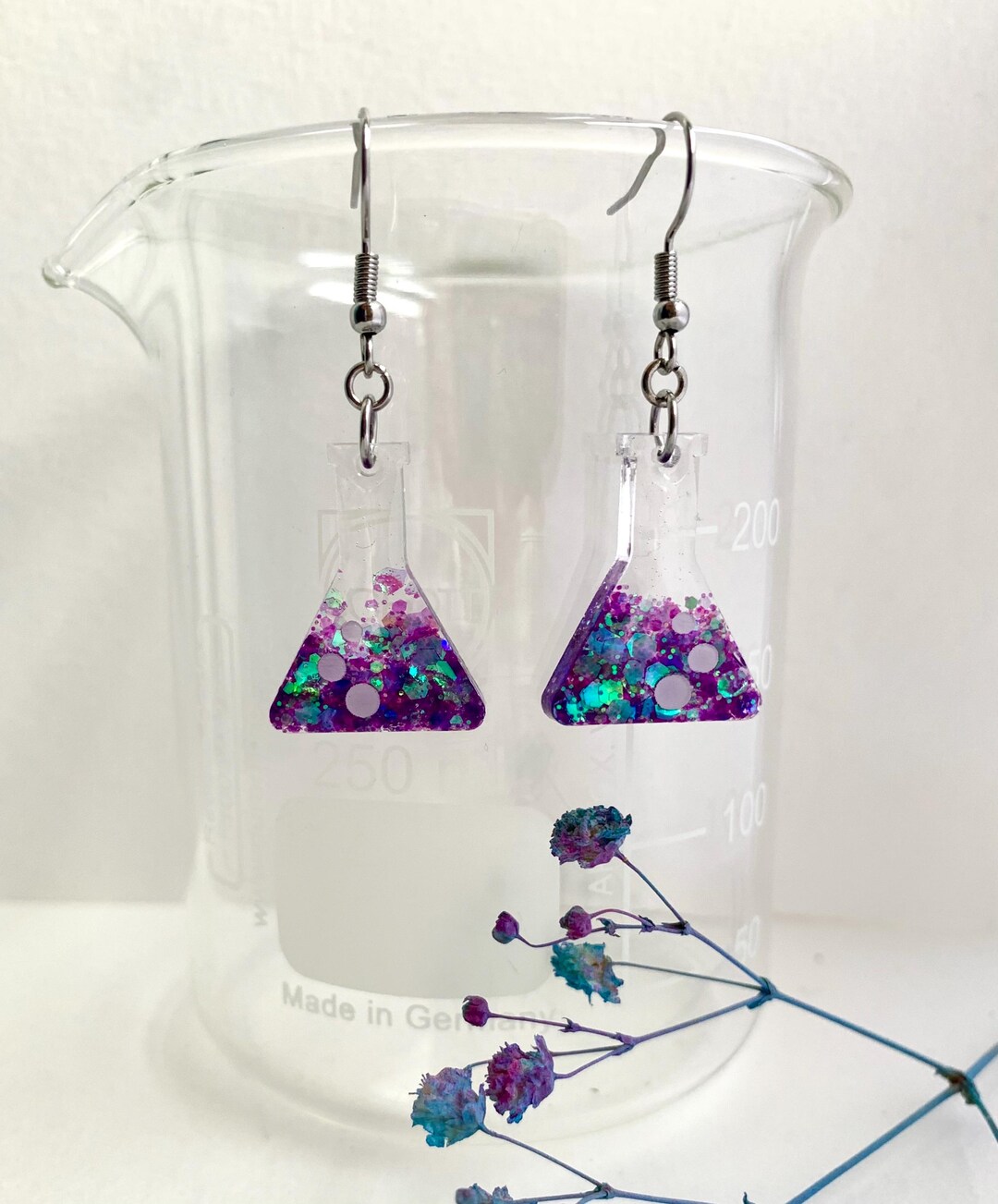 Purple Glitter Conical Flask Earrings, Science Teacher Gift - Etsy
