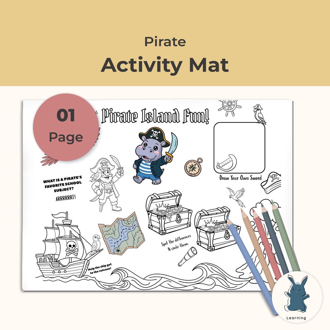 Pirate Activity Mat for Kids, Printable PDF, 1 Page Coloring and ...