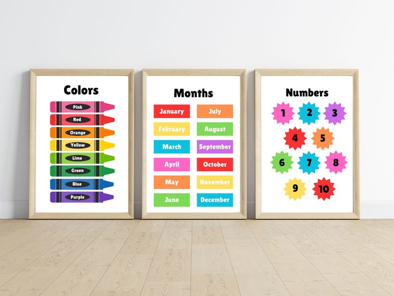Set of 6 Educational Posters, Montessori Posters, Rainbow Playroom Wall ...