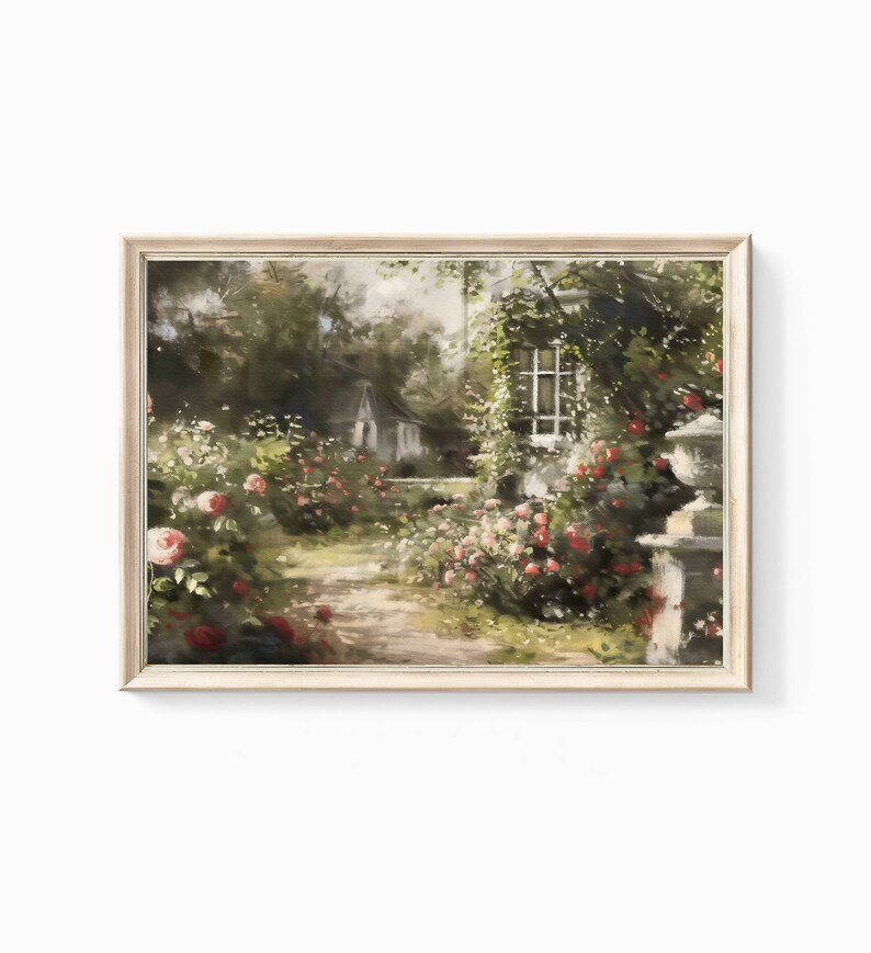 Printable Cottage Rose Garden Art, Vintage Floral Oil Painting ...