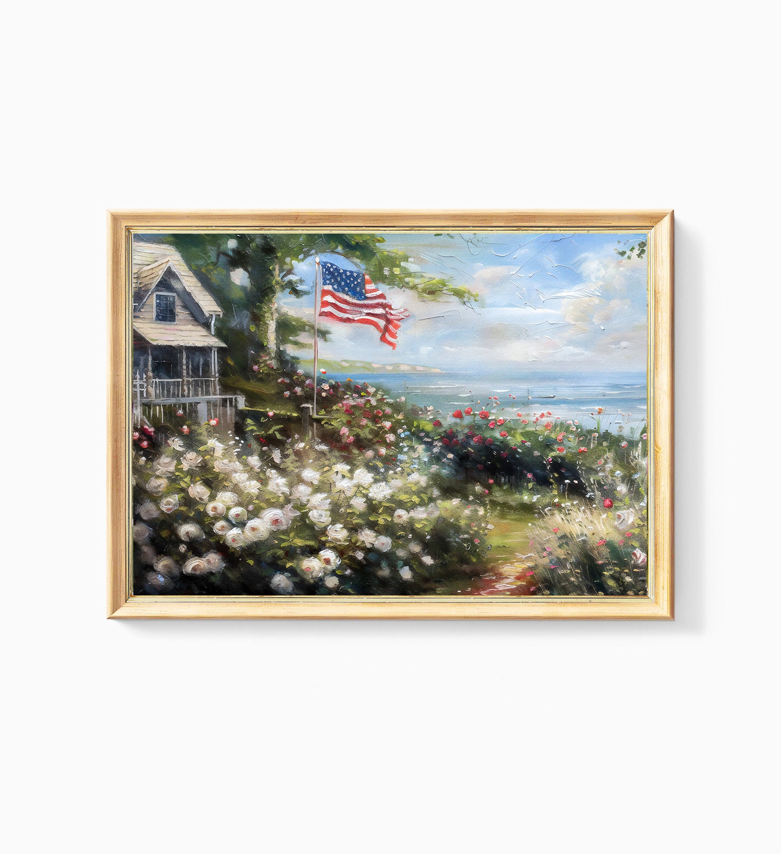Coastal Roses Garden Art Print, American Flag Summer Wildflowers ...