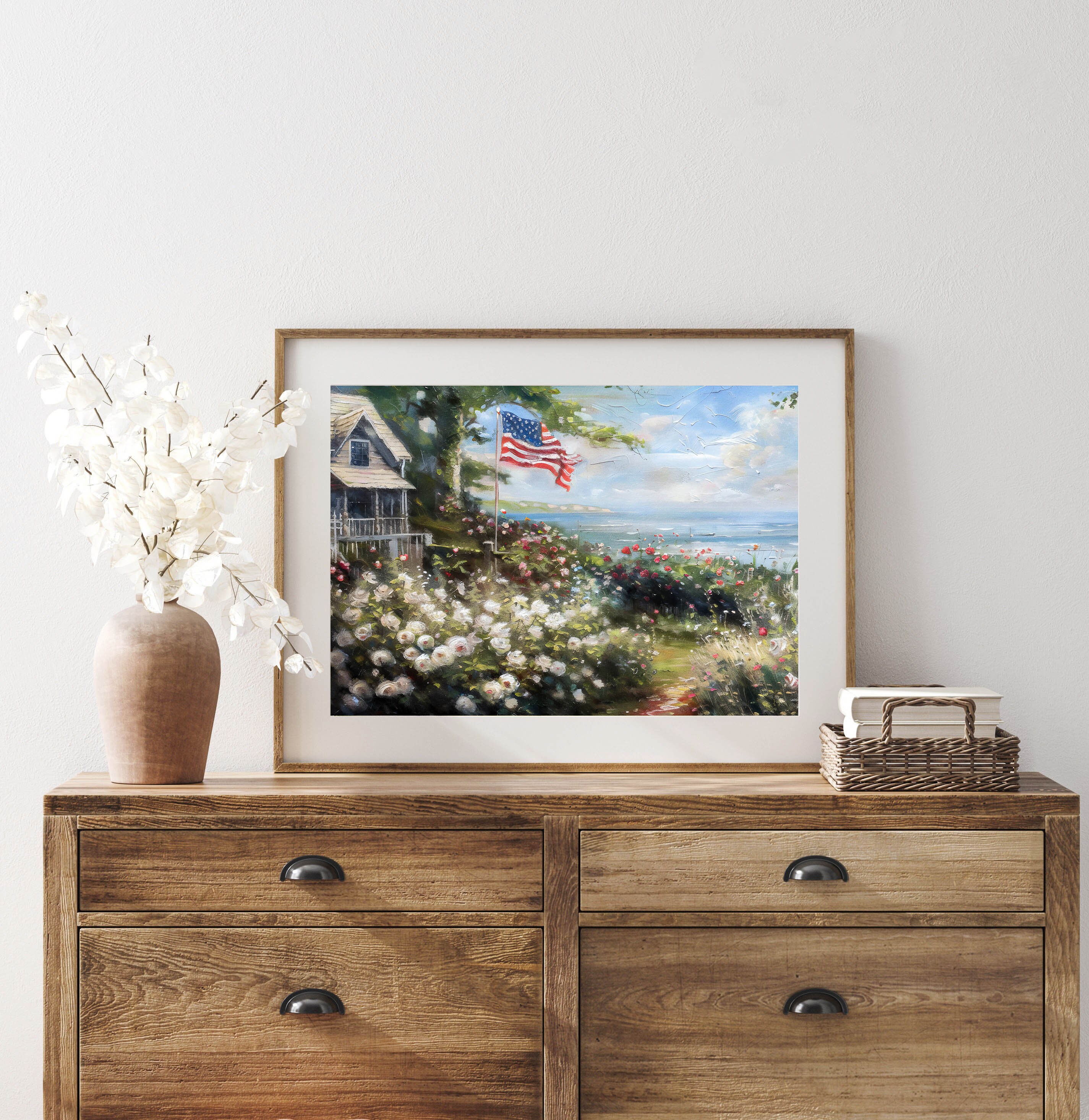 Coastal Roses Garden Art Print, American Flag Summer Wildflowers ...