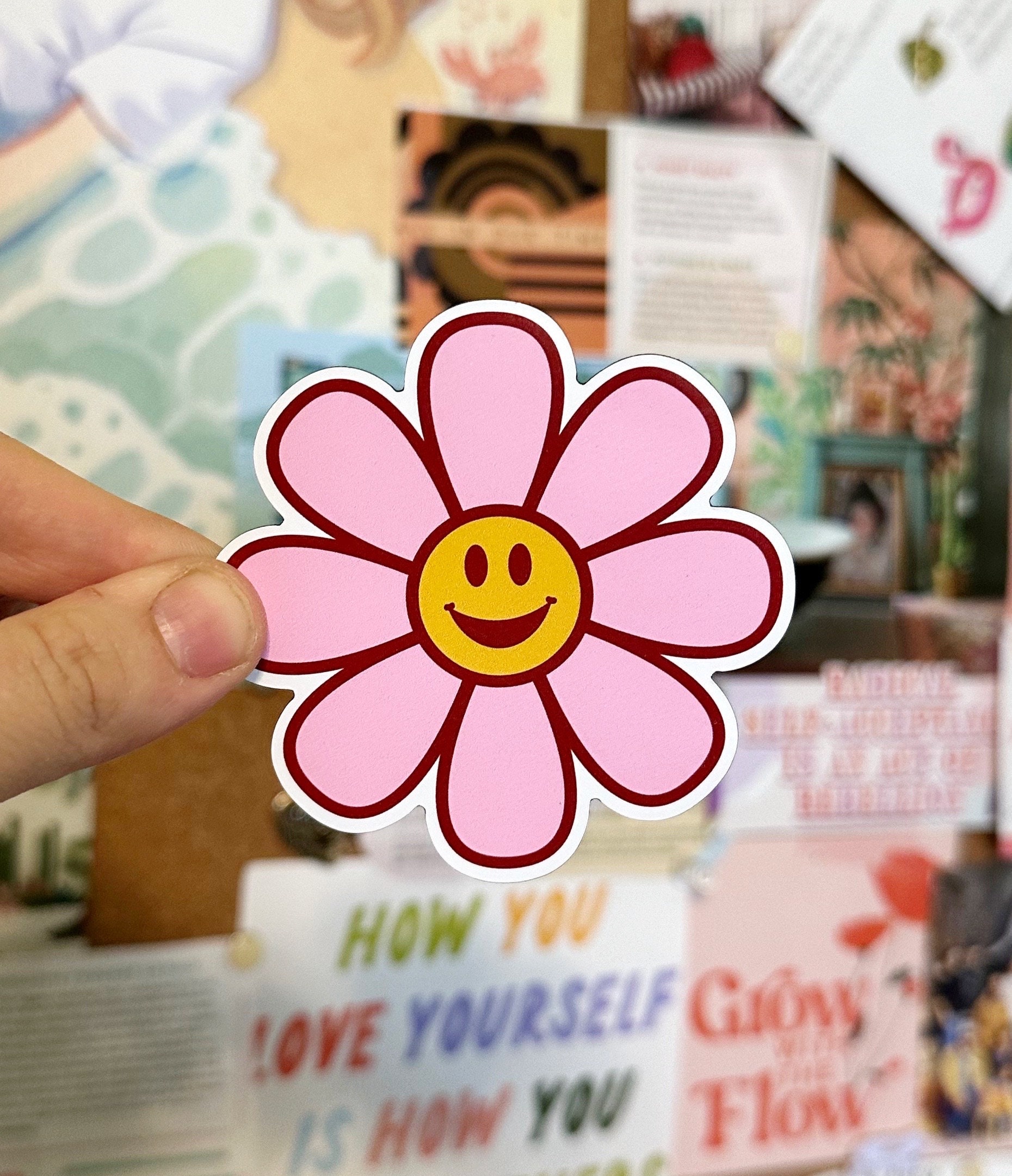 Pink Smiley Daisy Vinyl Sticker Hydro Flask Laptop Retro Aesthetic - Etsy