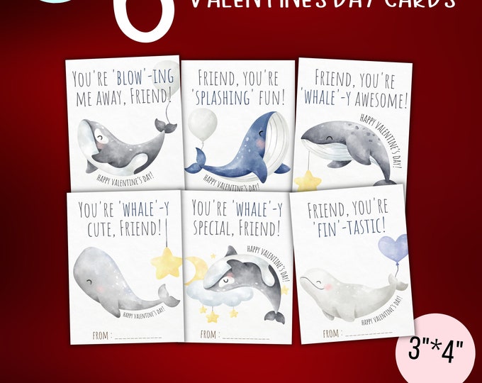 Printable Kids Whale Valentines Day Cards, Classroom Kids Under the Sea ...