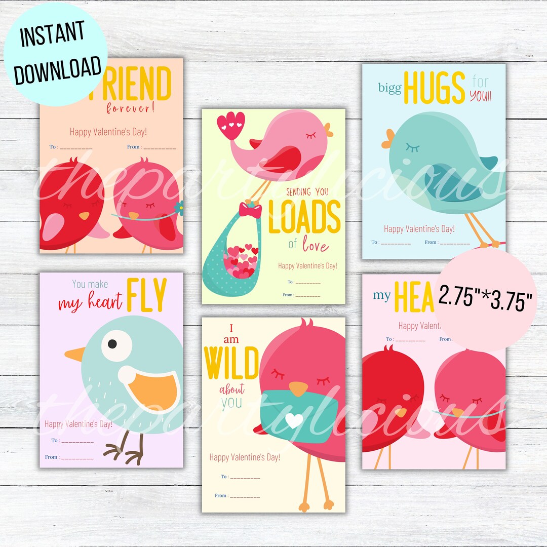 Printable Birds Valentines Day Cards, Classroom Kids Valentines Day ...