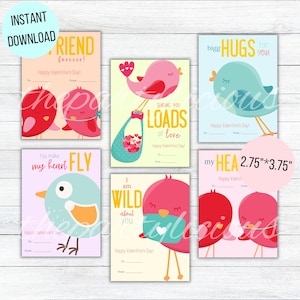 Printable Birds Valentines Day Cards, Classroom Kids Valentines Day ...