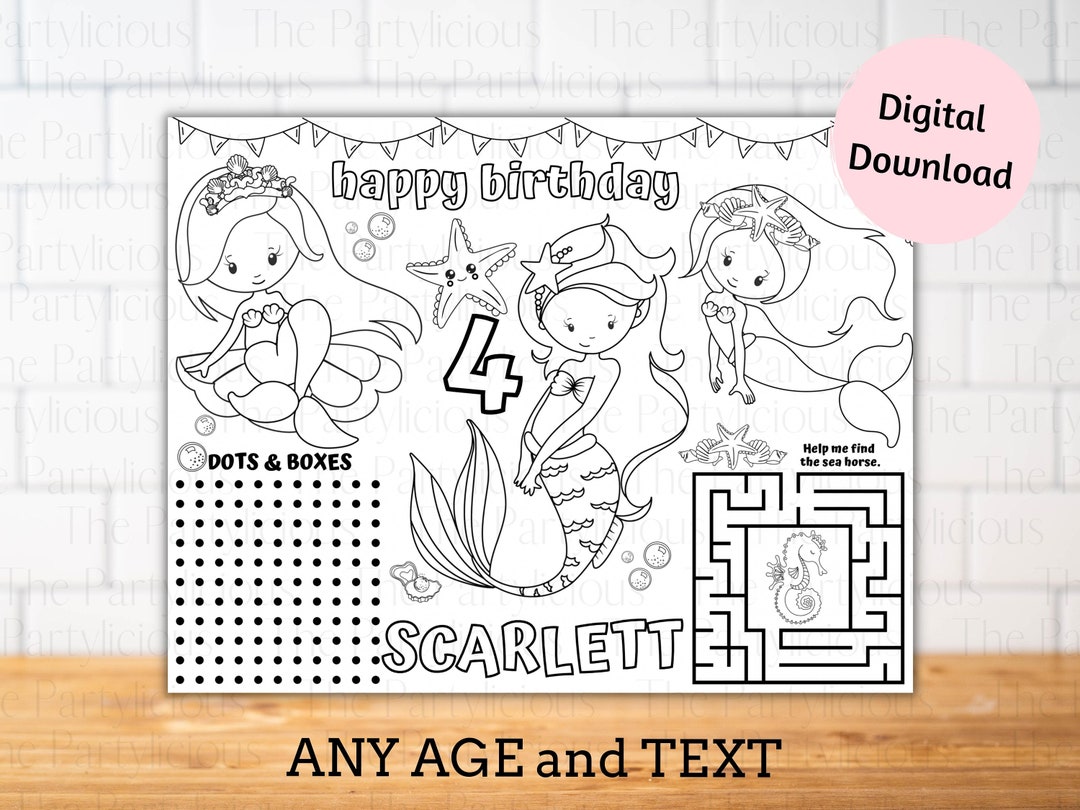 Mermaid Birthday Party Placemats, Mermaid Party Games, Mermaid Coloring ...