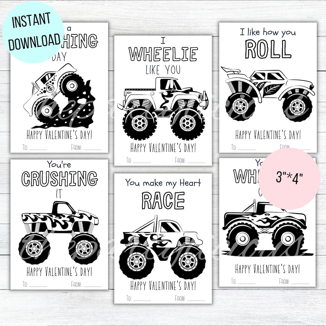 Printable Monster Truck Valentines Day Cards, School Kids Valentines ...