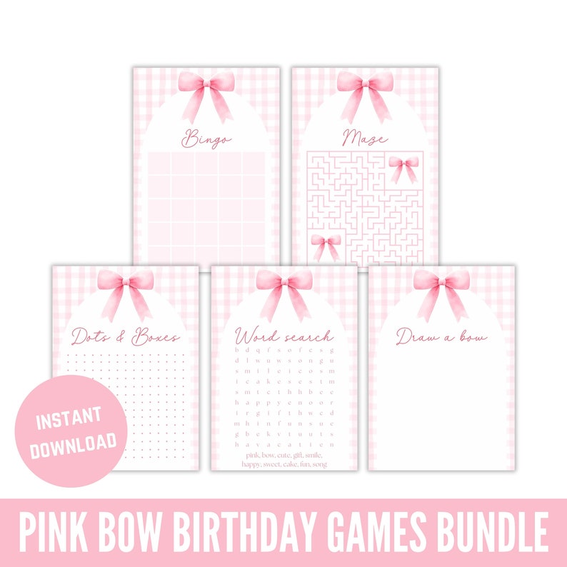 Pink Bow 1st Birthday Bingo Games Set, Printable Pink Bow Ribbow First ...