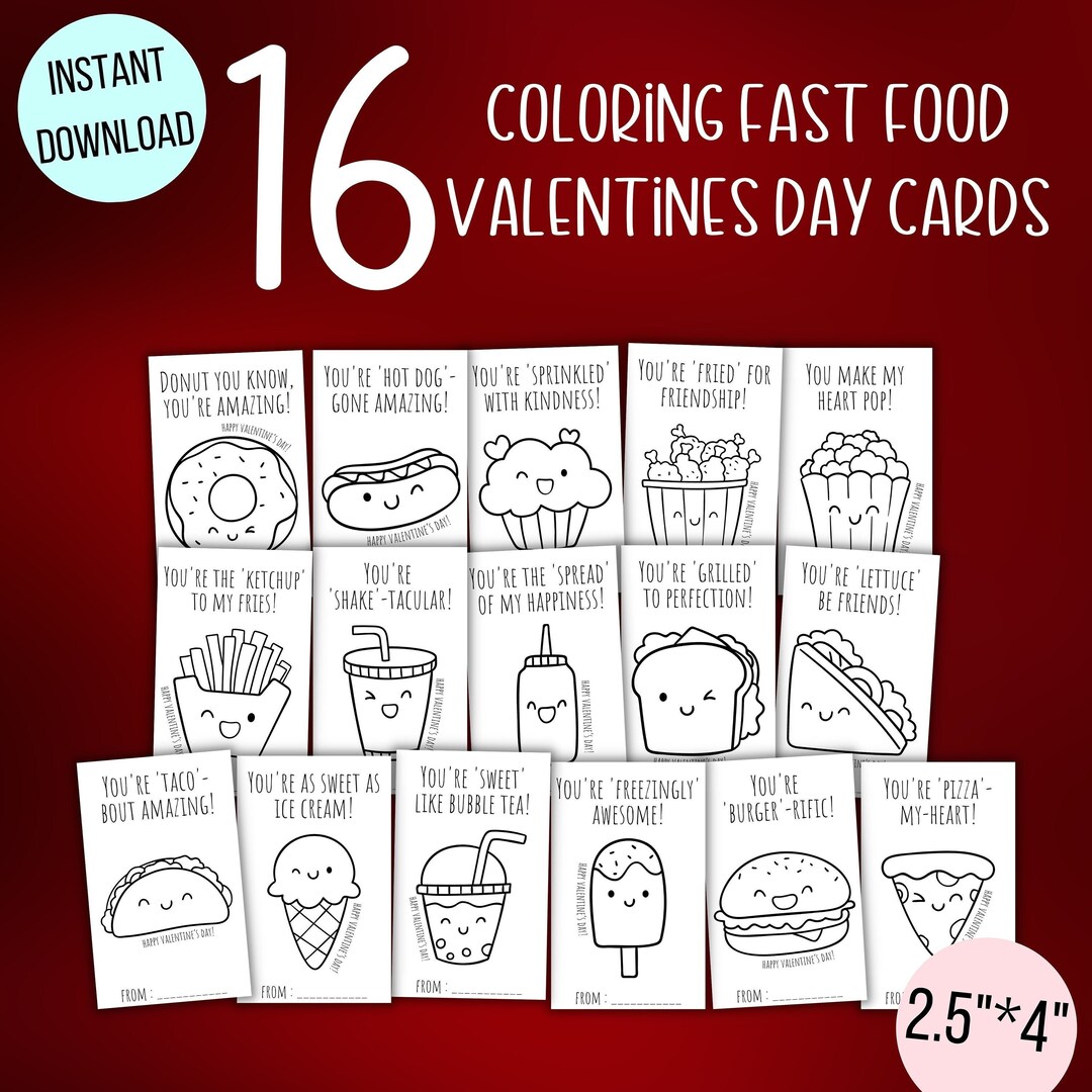 Printable Kids Fast Food Valentines Day Cards, Classroom Kids Burger ...