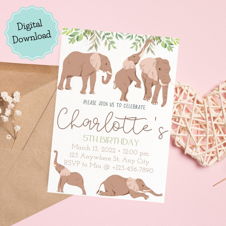 Elephant Birthday Party Invitation, Elephant Themed Birthday Party ...