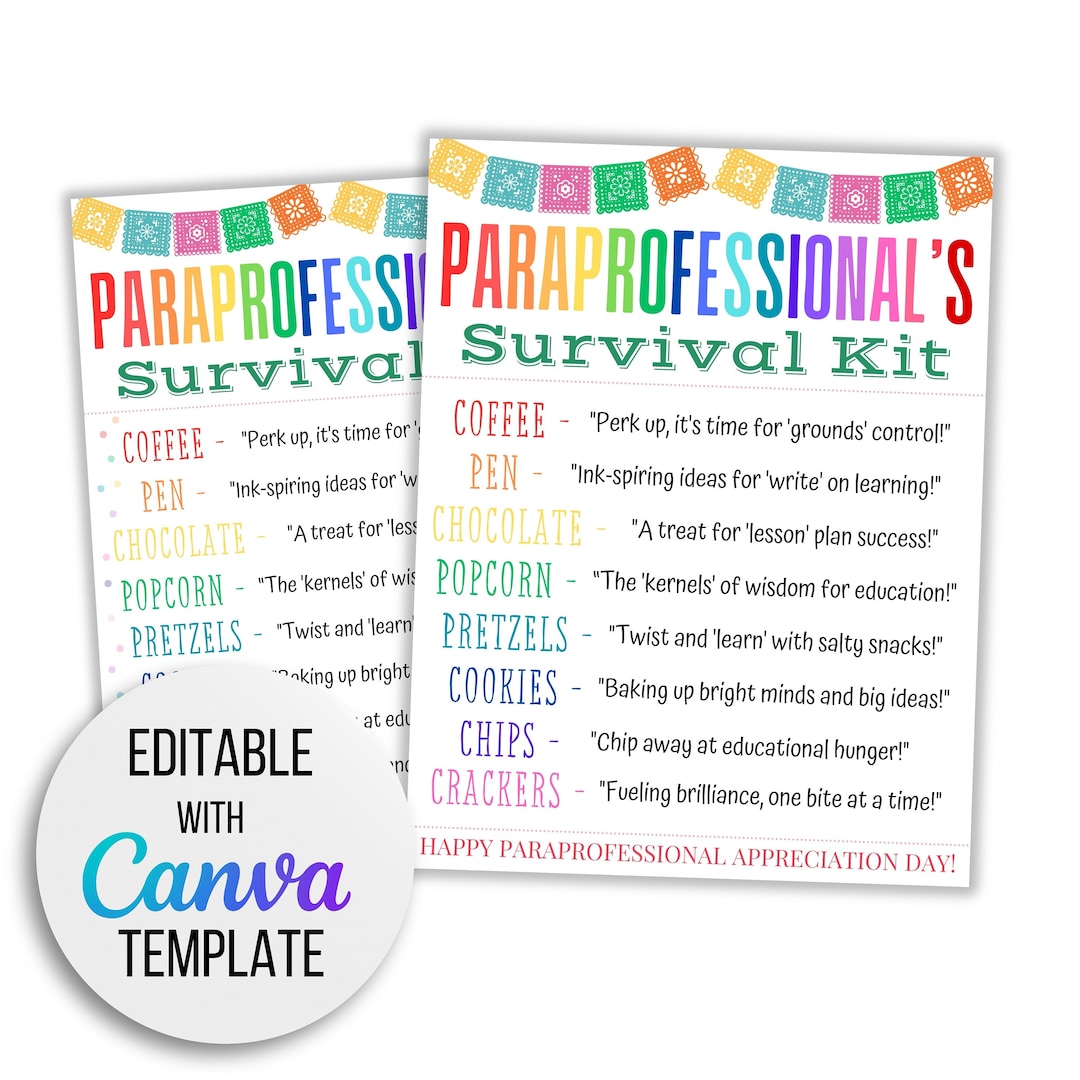 Paraprofessional's Survival Kit Gift Tags, Canva Editable Template ...