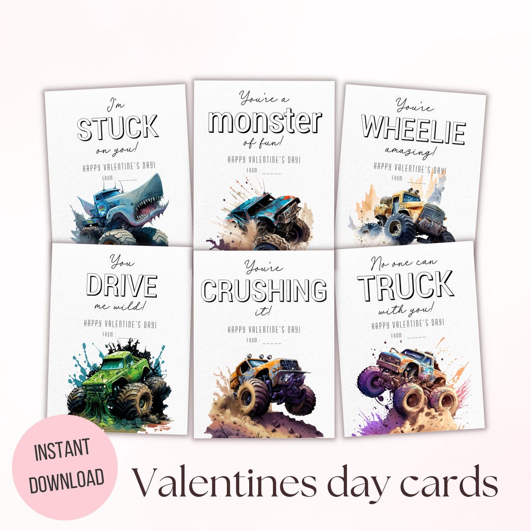 Printable Monster Truck Valentines Day Cards, School Kids Valentines ...