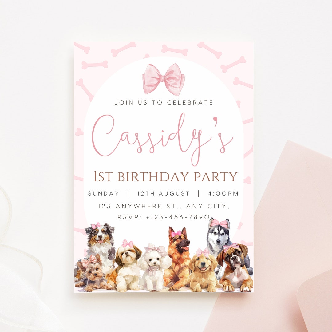 Girl Dog Pawty Birthday Invitation, Let's Pawty Invite, Pink Bow Dog ...