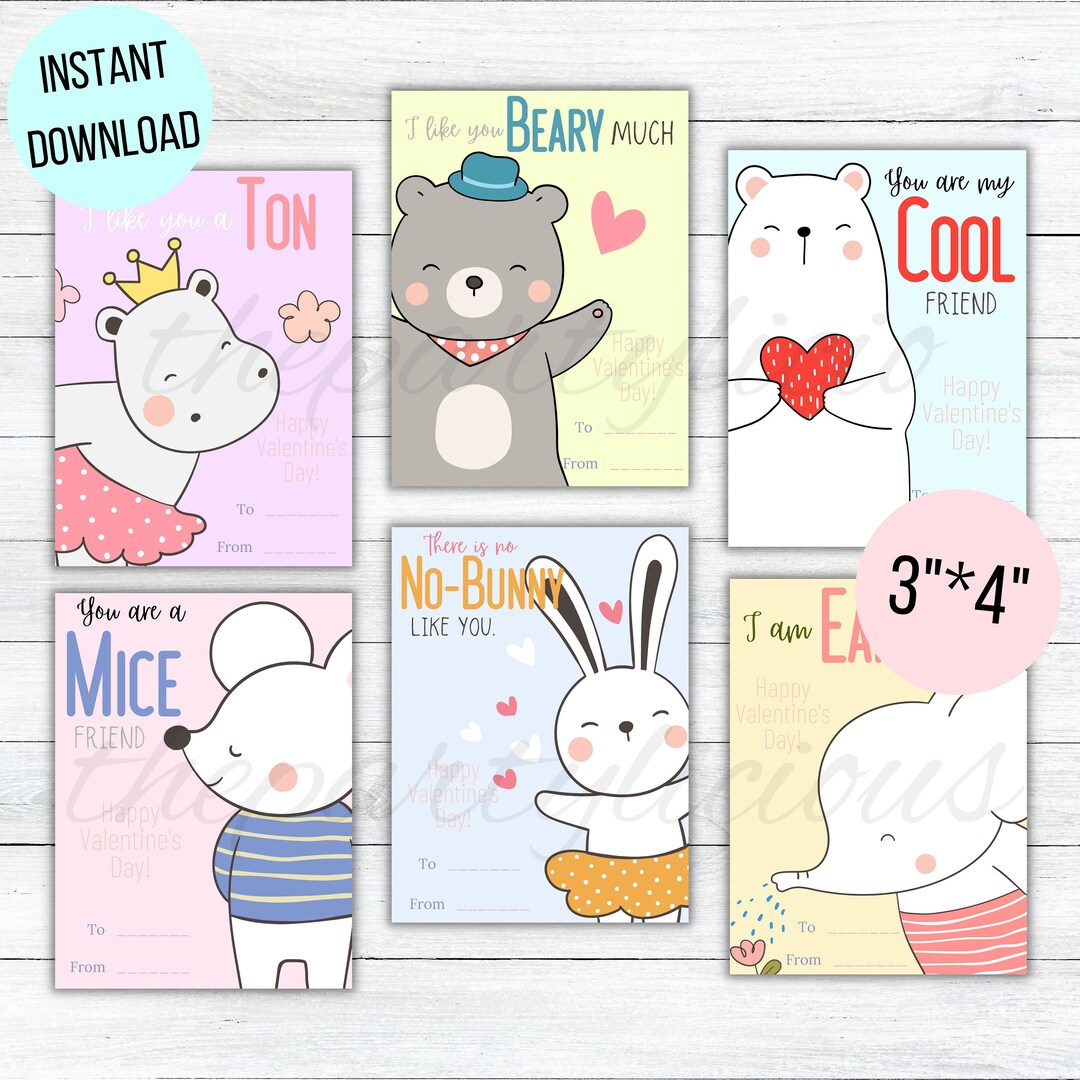 Printable Animals Valentines Day Cards, School Classroom Valentines Day ...
