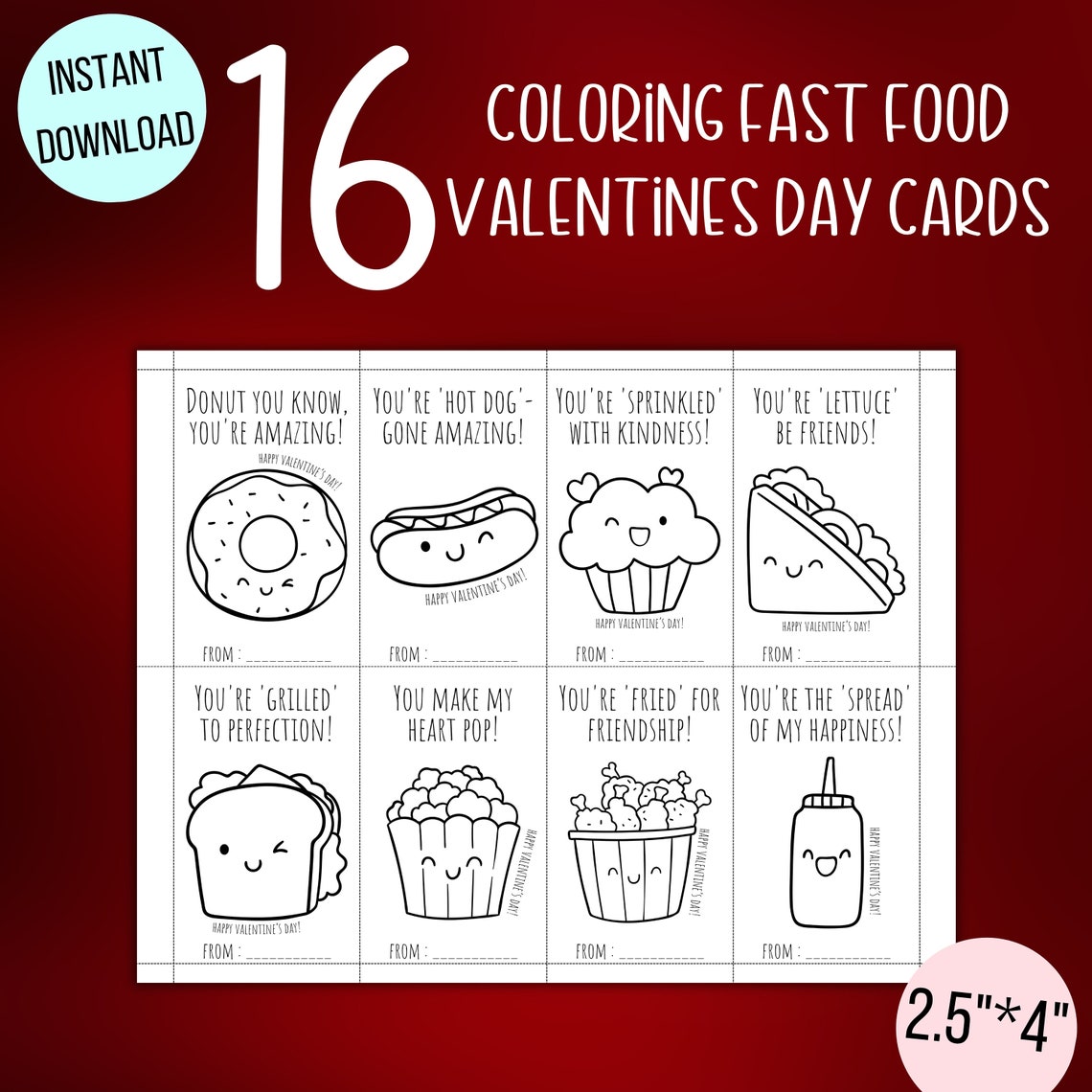 Printable Kids Fast Food Valentines Day Cards, Classroom Kids Burger ...