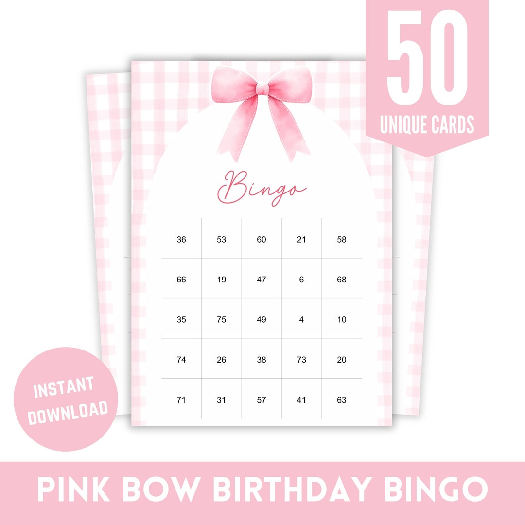 Pink Bow First Birthday Bingo Games Set, Printable Retro Pink Bow Girly ...