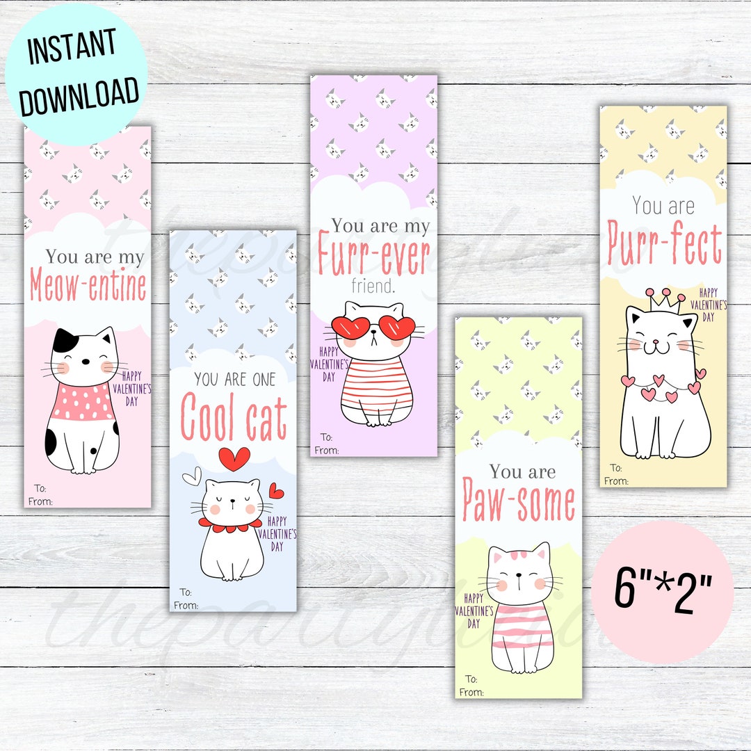 Printable Cat Bookmark Valentines Day Cards, School Classroom ...