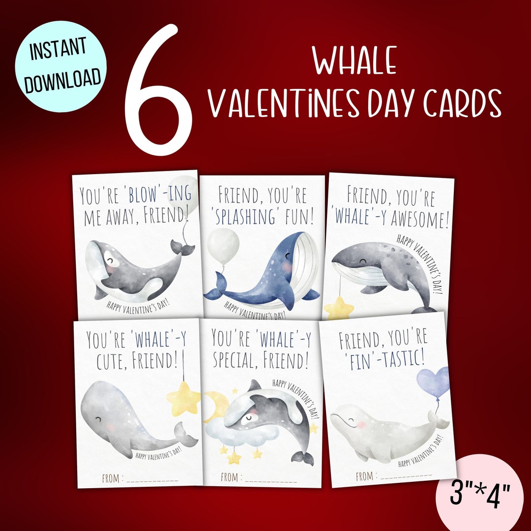 Printable Kids Whale Valentines Day Cards, Classroom Kids Under the Sea ...