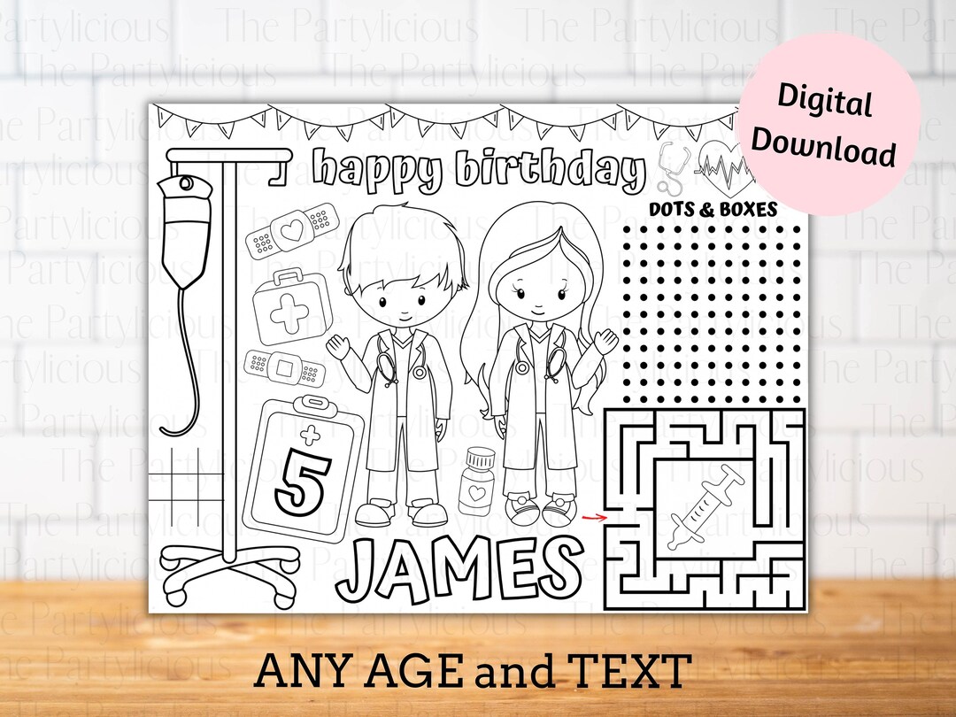 Doctor Birthday Party Placemats, Doctor Party Coloring and Activity ...
