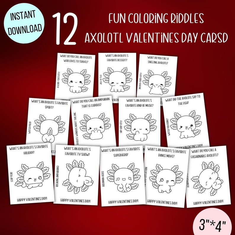 Printable Axolotl Coloring Fun Riddles Valentines Day Cards, Printable ...