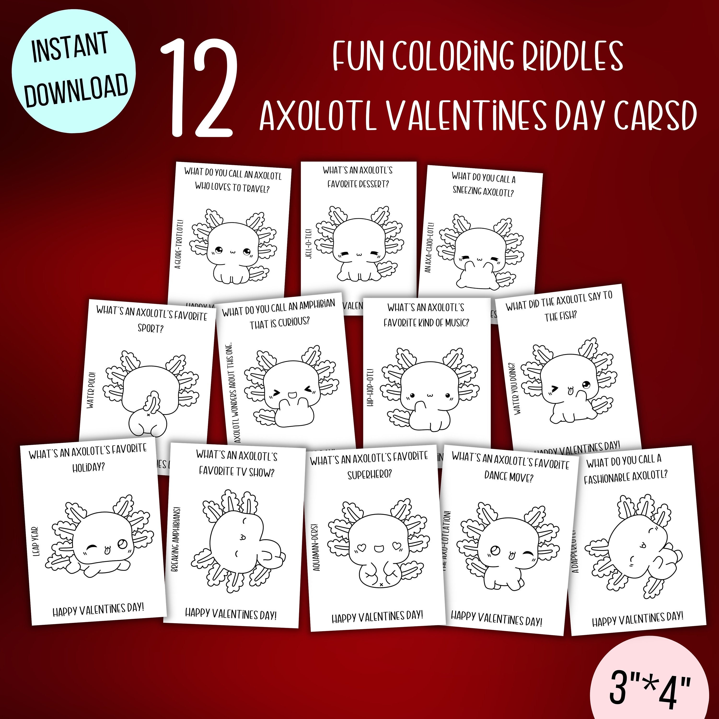 Printable Axolotl Coloring Fun Riddles Valentines Day Cards, Printable ...
