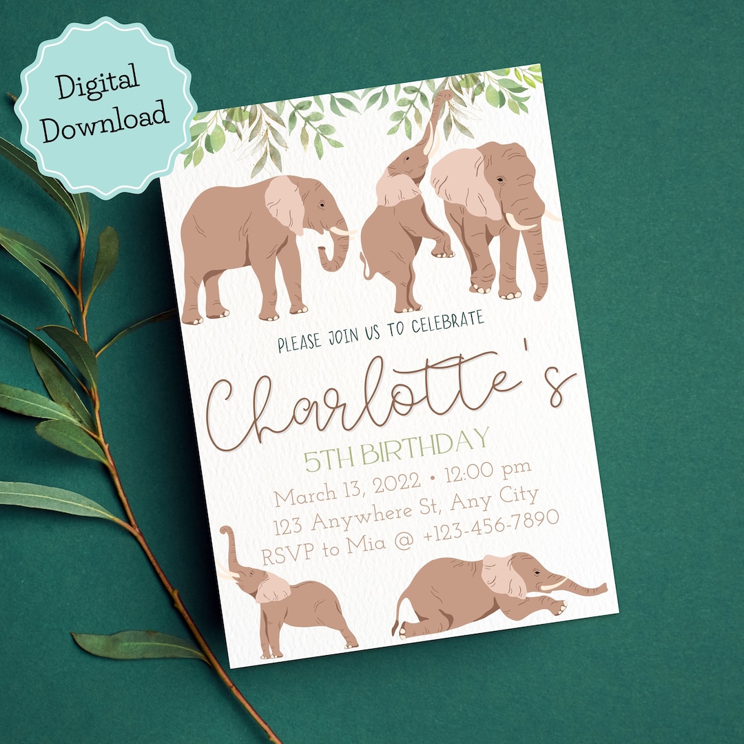 Elephant Birthday Party Invitation, Elephant Themed Birthday Party ...
