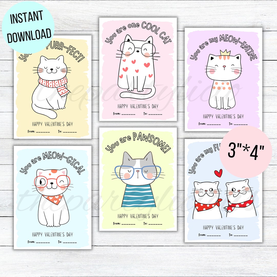 Printable Cat Valentines Day Cards, School Classroom Valentines Day ...