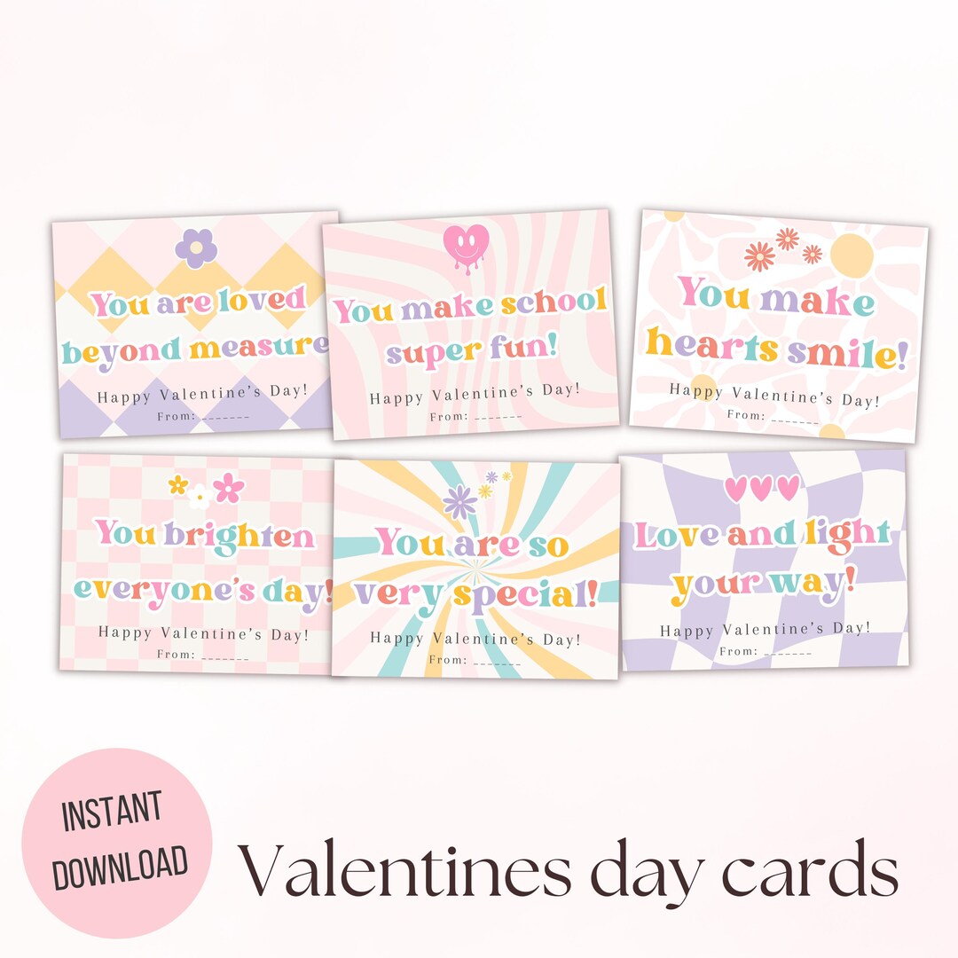 Printable Cute Groovy Happy Valentines Day Cards, Classroom Kids ...