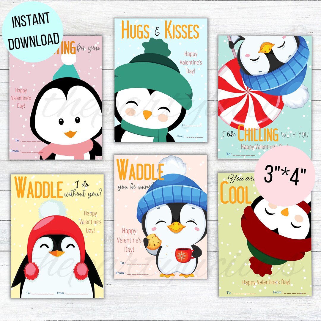 Printable Penguin Valentines Day Cards, Classroom Kids Valentines Day ...