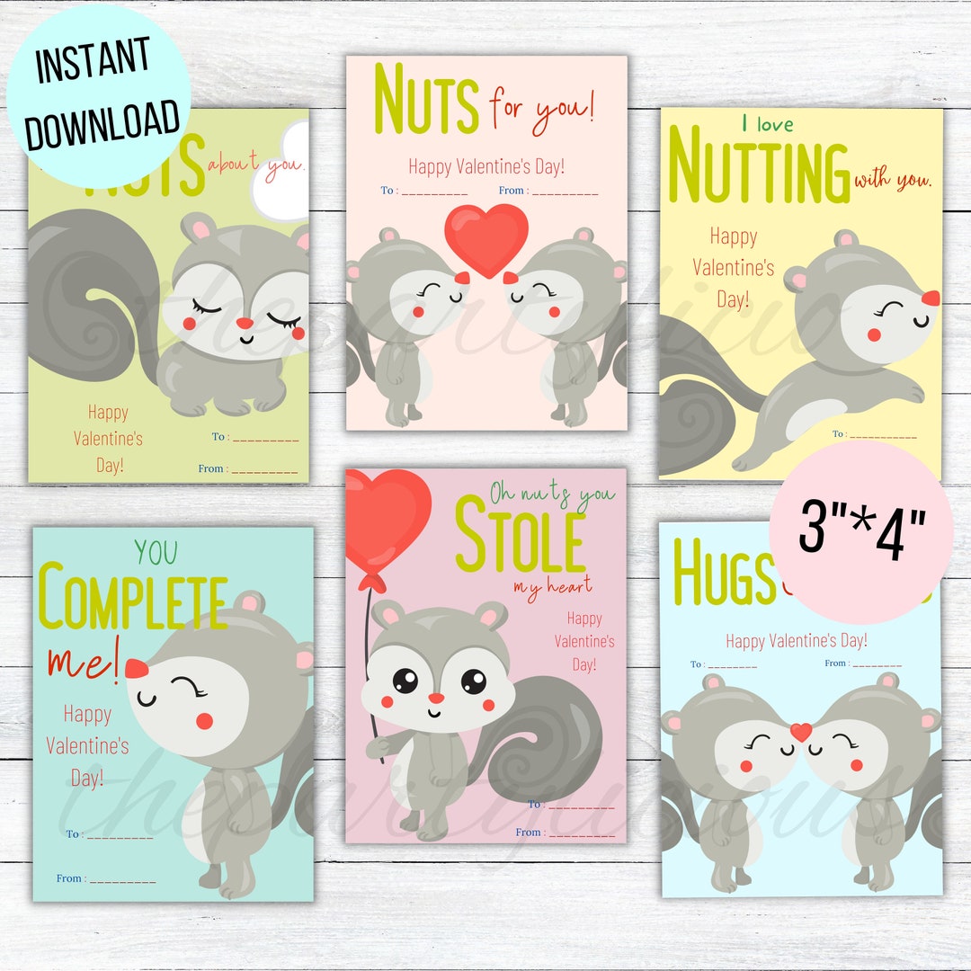 Printable Squirrel Valentines Day Cards, Classroom Kids Valentines Day ...