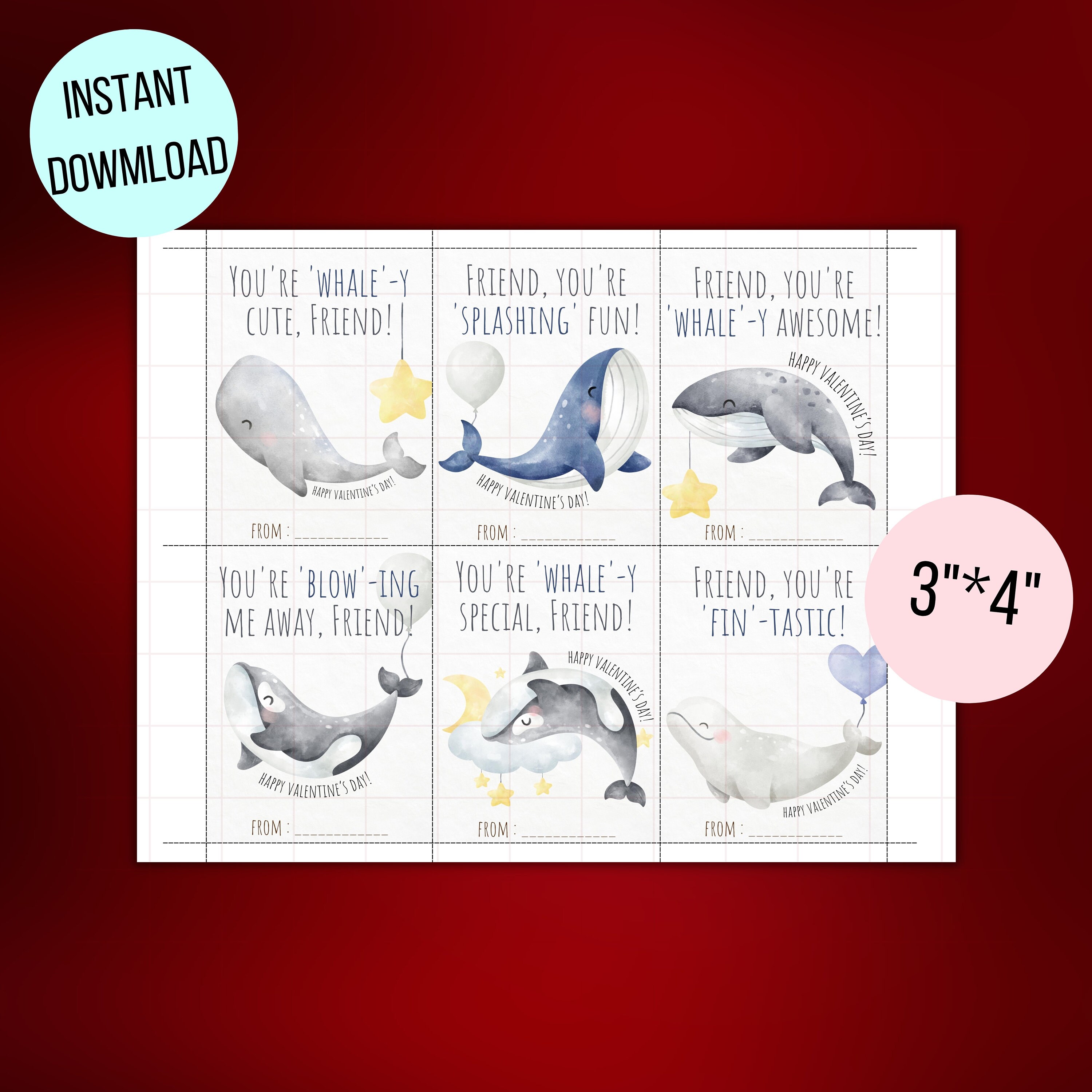 Printable Kids Whale Valentines Day Cards, Classroom Kids Under the Sea ...