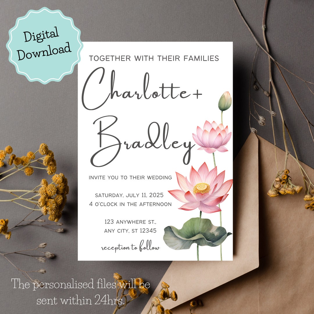 Lotus Flower Wedding Invitation, Minimalist Lotus Floral Wedding Invite ...