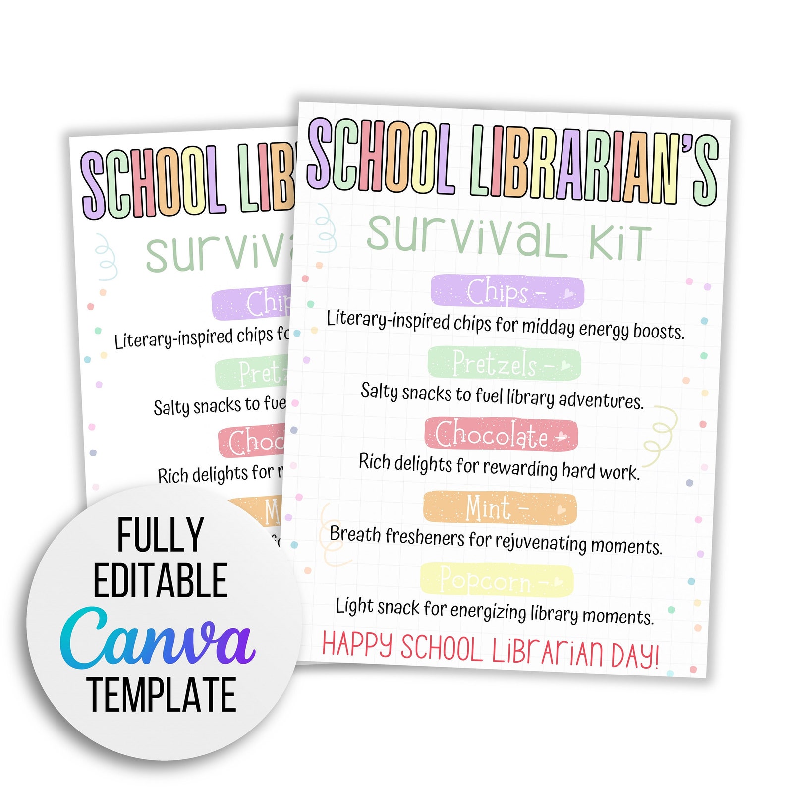 School Librarian Week Survival Kit Tags, Canva Editable Template School ...