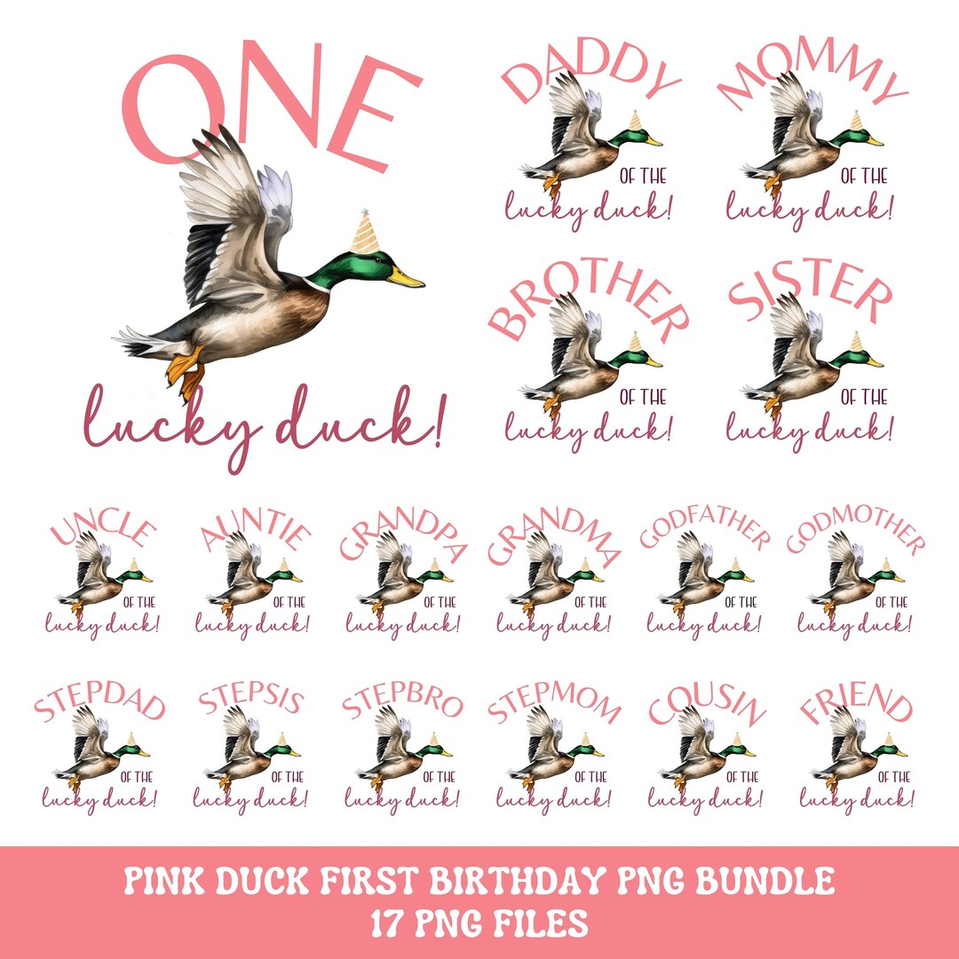 Pink One Lucky Duck Birthday Shirt PNG Bundle, Girl Pik Duck Hunting ...