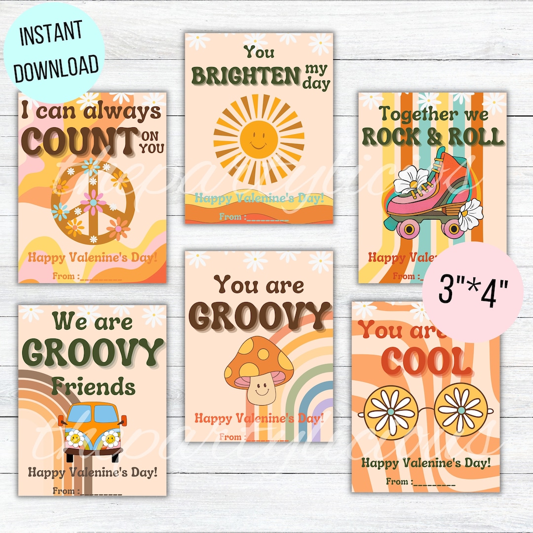 Printable Groovy Valentines Day Cards, Classroom Kids Valentines Day ...