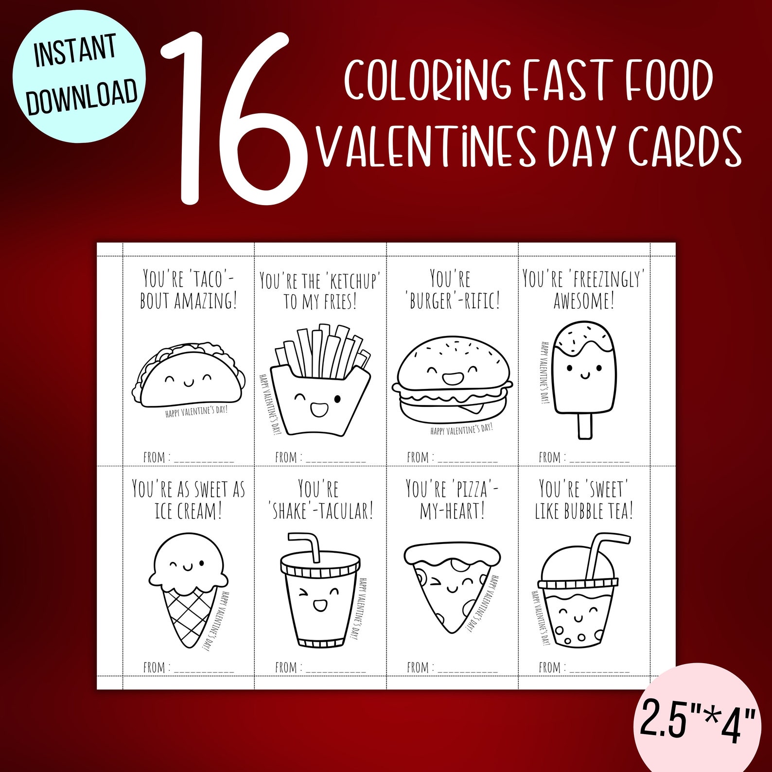 Printable Kids Fast Food Valentines Day Cards, Classroom Kids Burger ...