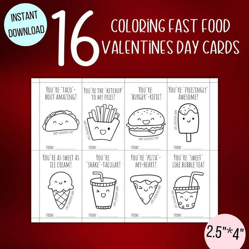 Printable Kids Fast Food Valentines Day Cards, Classroom Kids Burger ...