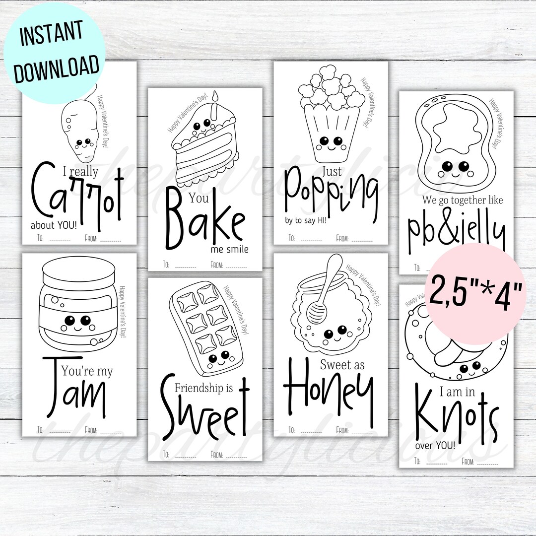 Printable Kawaii Coloring Valentines Day Cards, School Kids Valentines ...