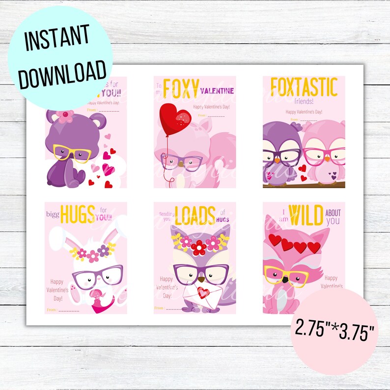 Printable Fox Valentines Day Cards Classroom Kids Valentines - Etsy