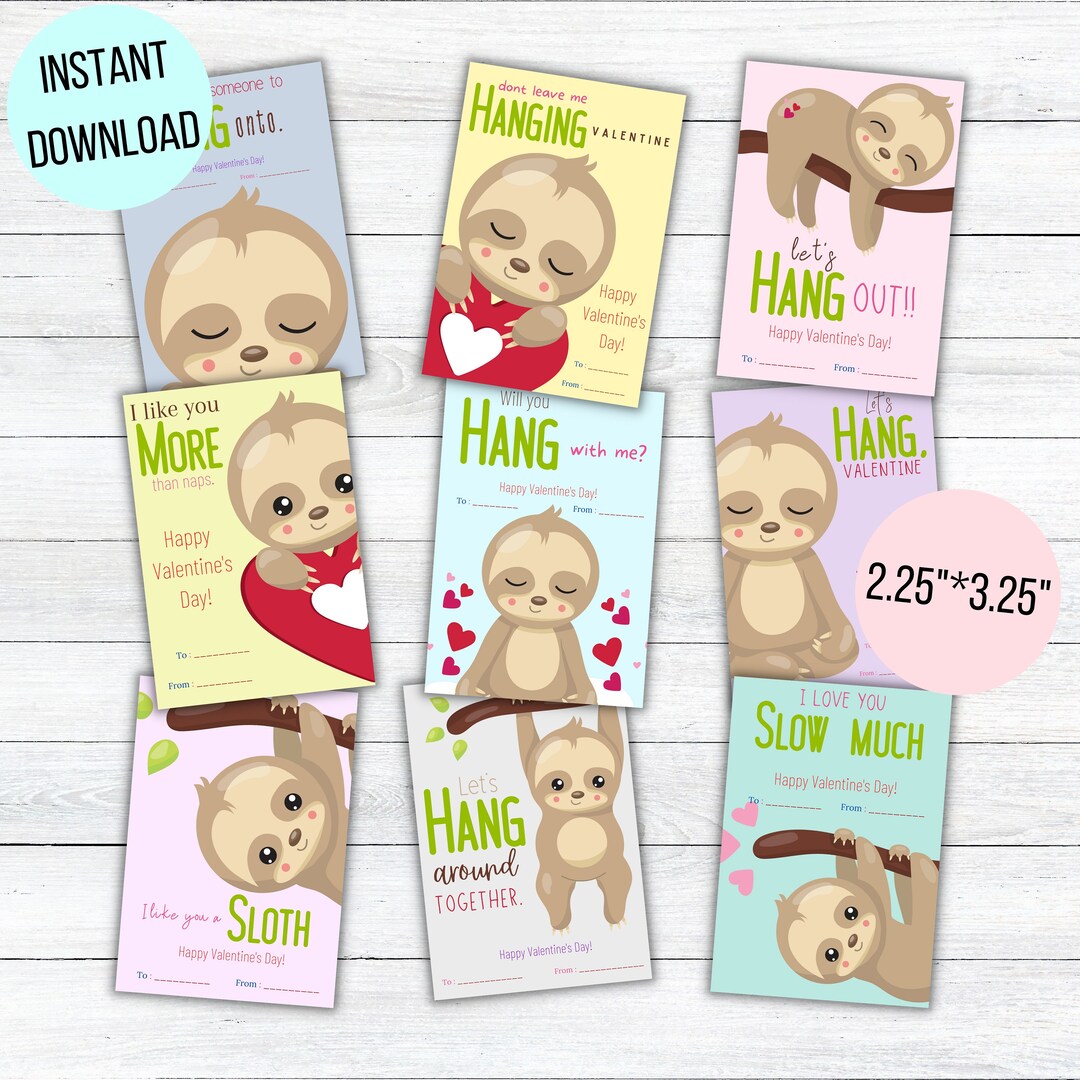 Printable Cute Sloth Valentines Day Cards, Sloth Kawaii Kids Valentines ...