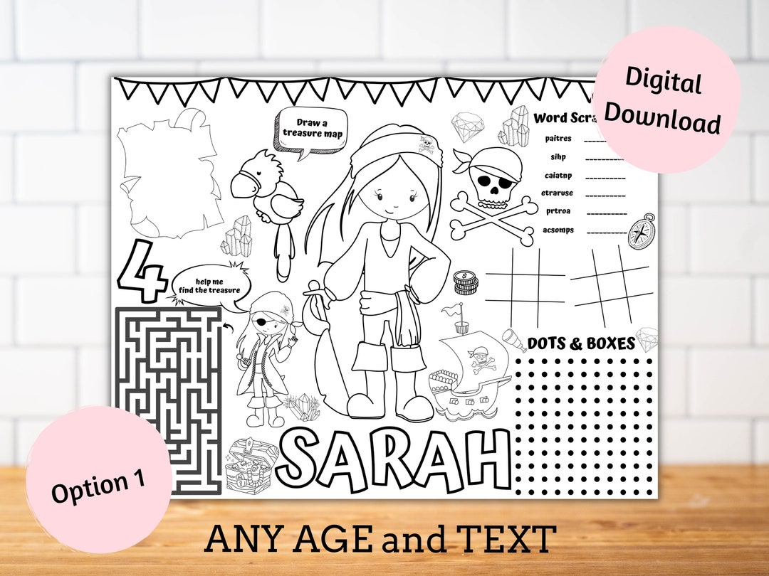 Personalised Pirates Birthday Party Activity Sheet, Birthday Placemats ...